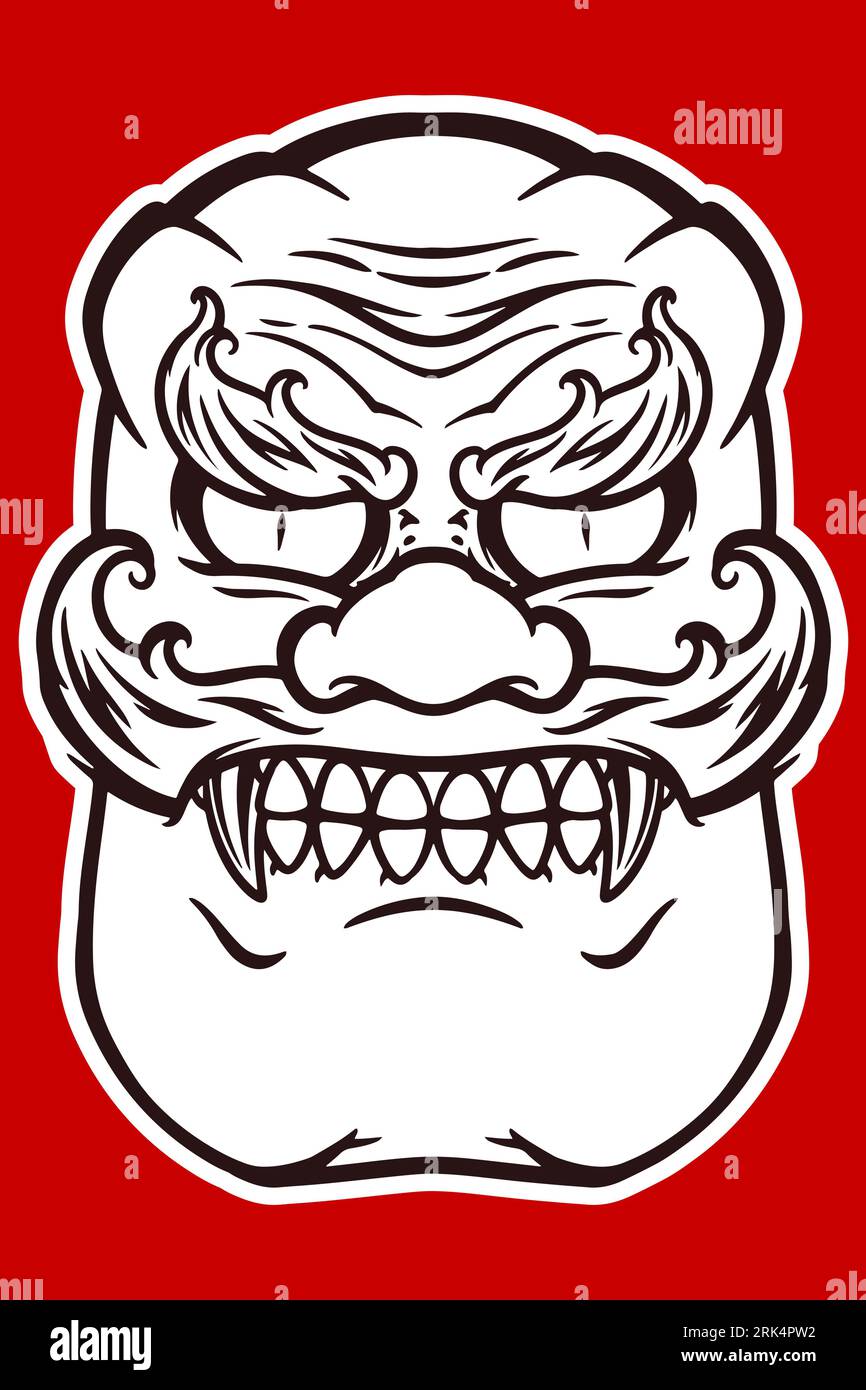 Hand drawn white japanese traditional mask isolated on red background ...