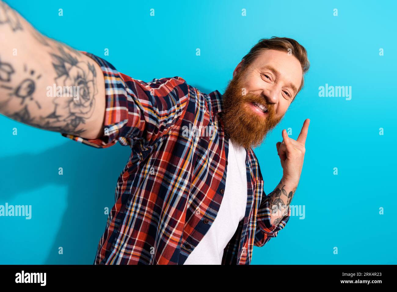 Selfie of professional rock roll musician brutal redhair man showing ...