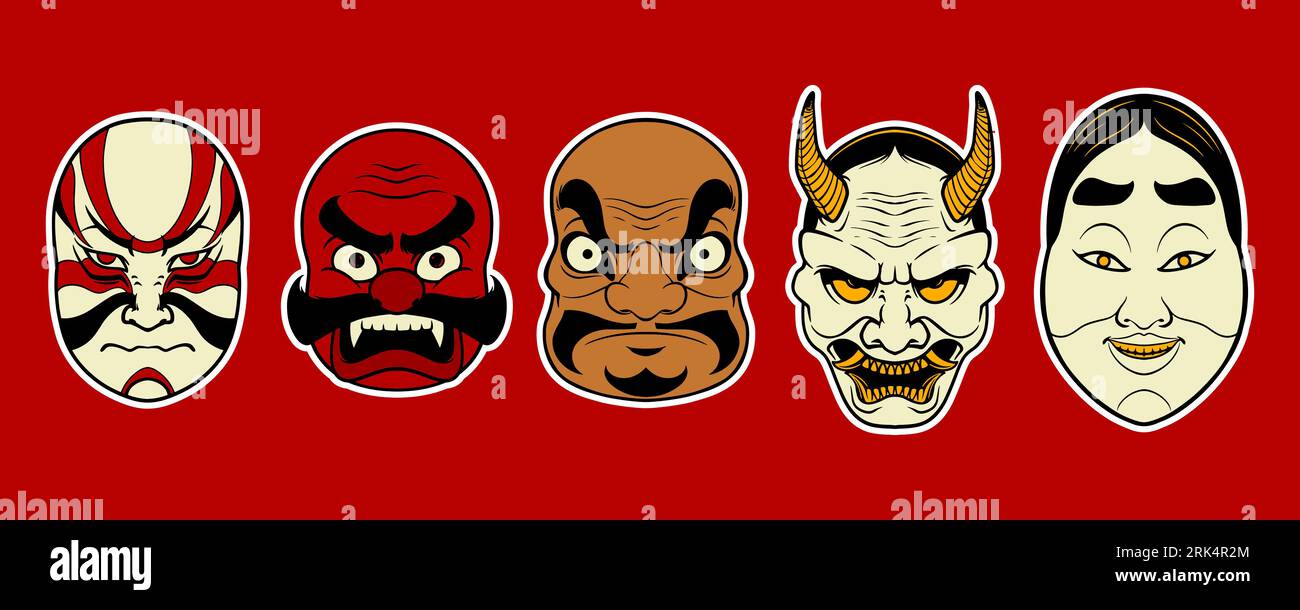 Five scary Japanese mask elements isolated on red background Stock ...