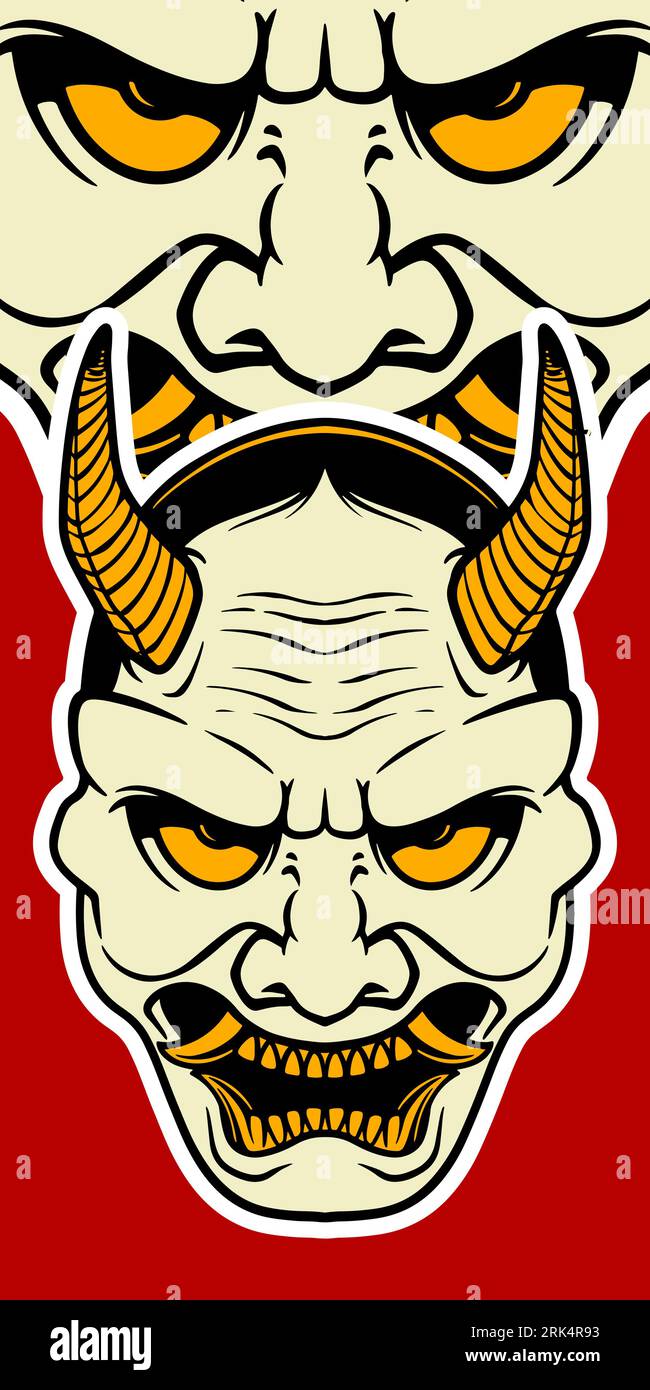 Big white Japanese scary mask elements isolated on red background Stock ...