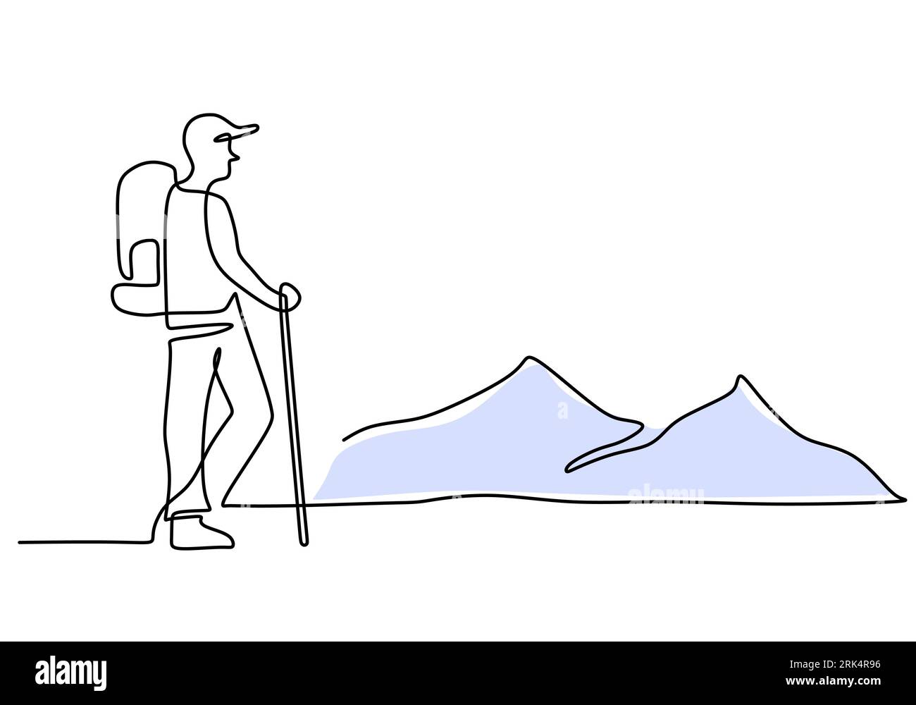 Hand drawing one single continuous line of man hiking isolated on white ...