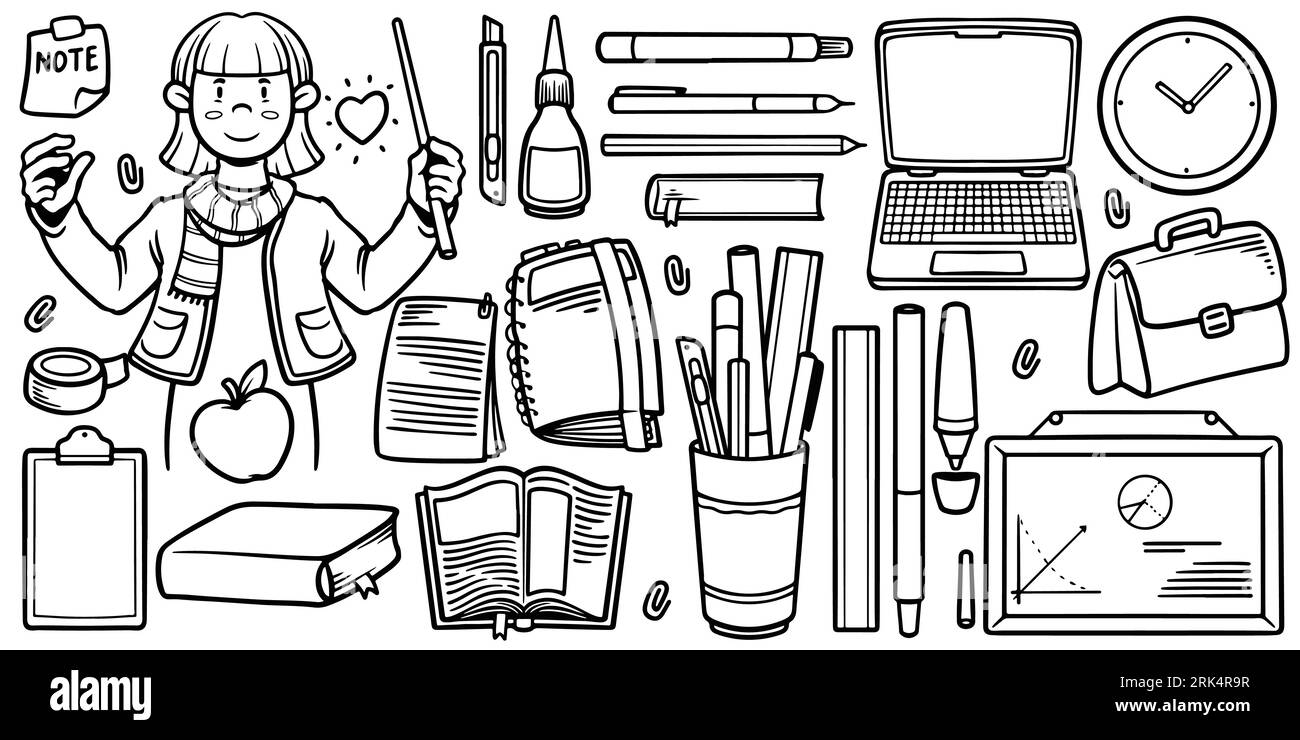 Hand drawing of teacher equipment set isolated on white background ...
