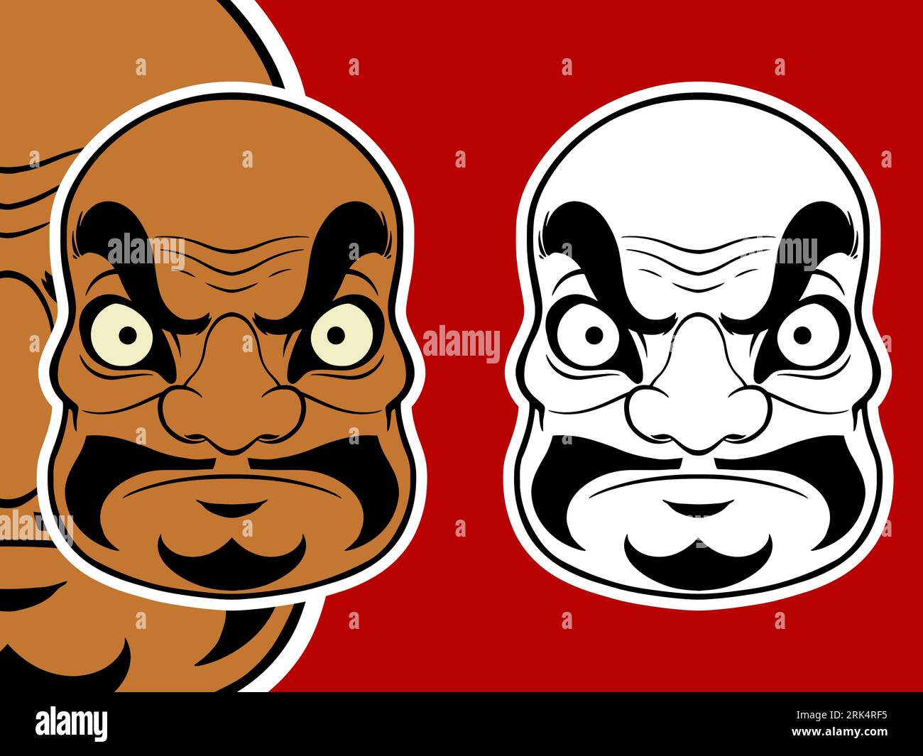 Two brown white Japanese mask elements isolated on red background Stock ...