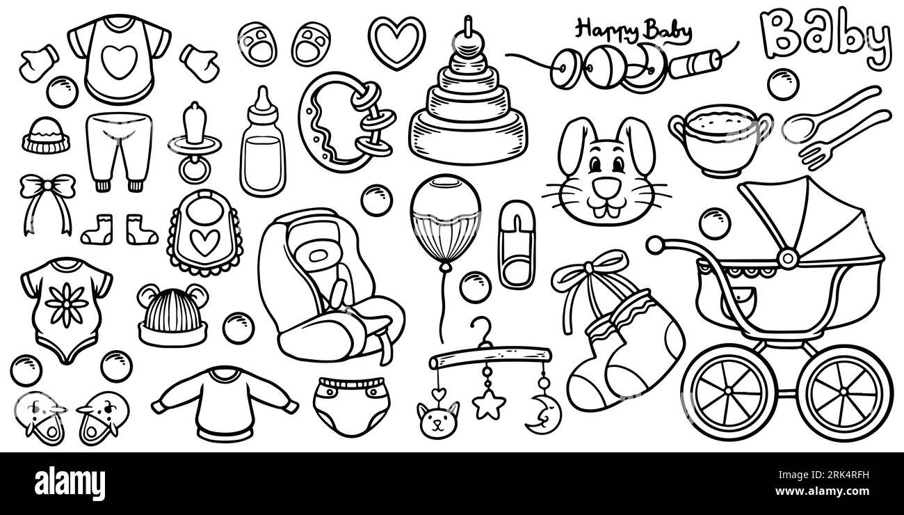 Hand drawn set of new born baby shower toys tool kit isolated on white ...