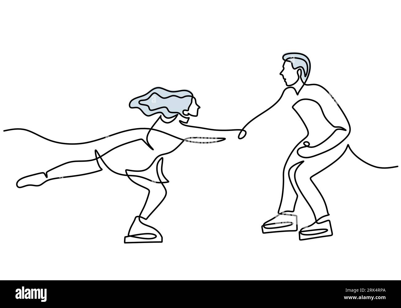 Hand drawing one line of couple ice skating isolated on white ...