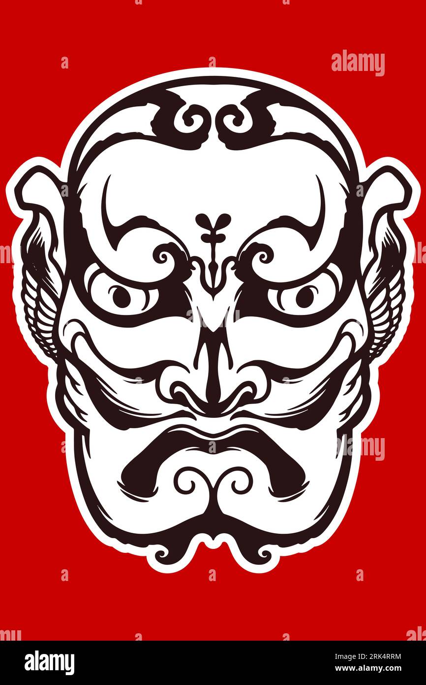 Hand drawn white japanese traditional mask isolated on red background ...