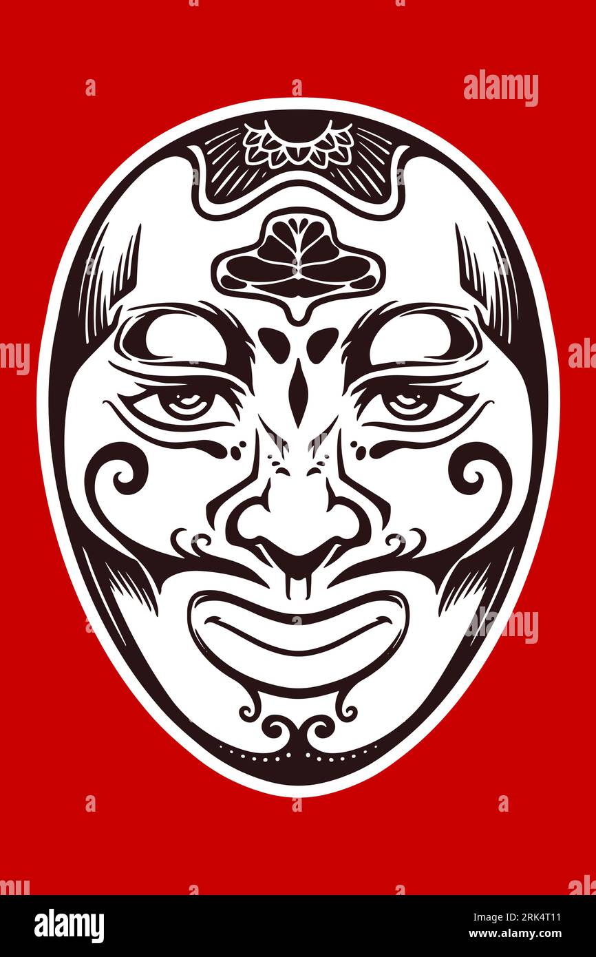 Hand drawn white japanese traditional mask isolated on red background ...