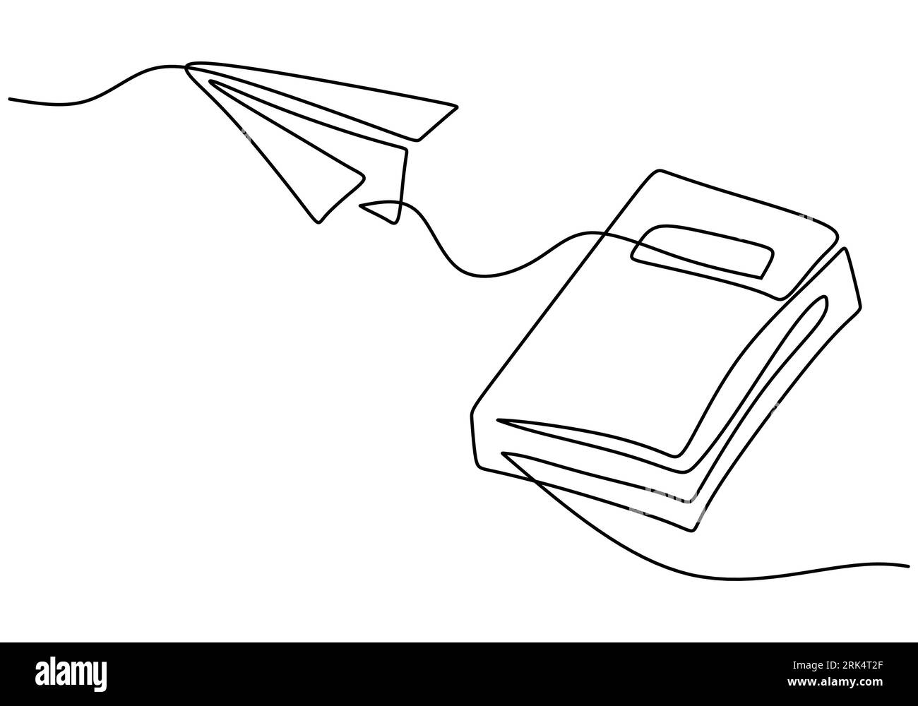 Hand drawing one single continuous line of book and paper plane ...