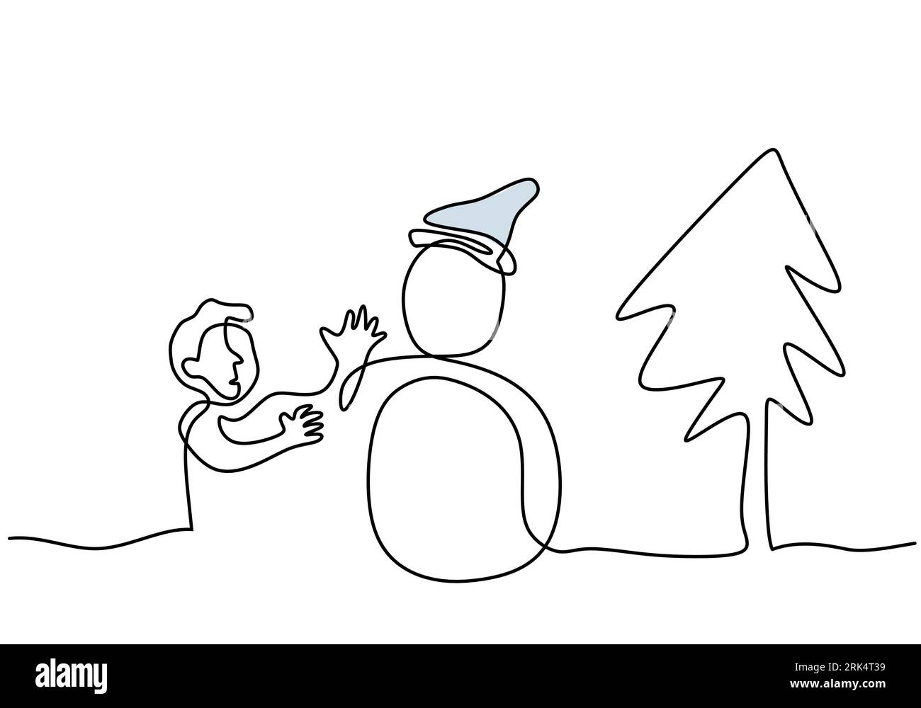 Hand drawing one line of man play Snowman isolated on white background ...