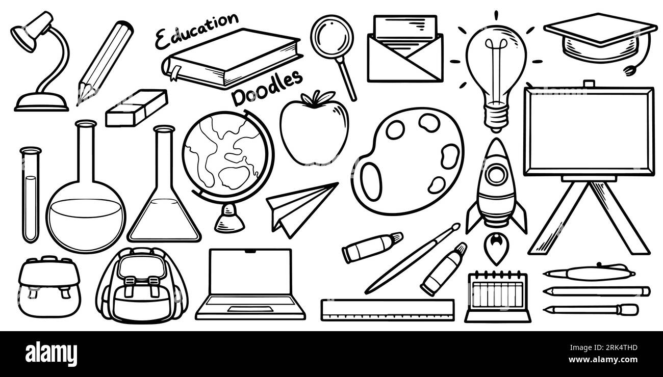 Hand drawing of education equipment doodle sets isolated on white ...