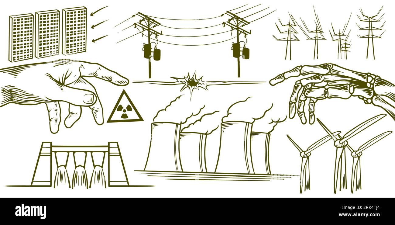 Hand drawn of save earth renewable energy ecology doodle set elements ...