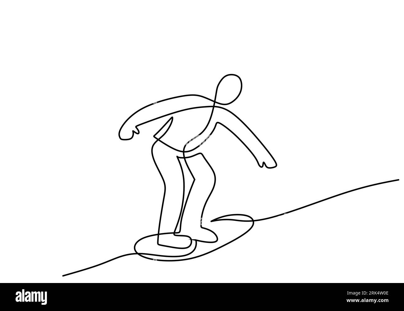 Hand drawing one single continuous line of man play surfing board on ...