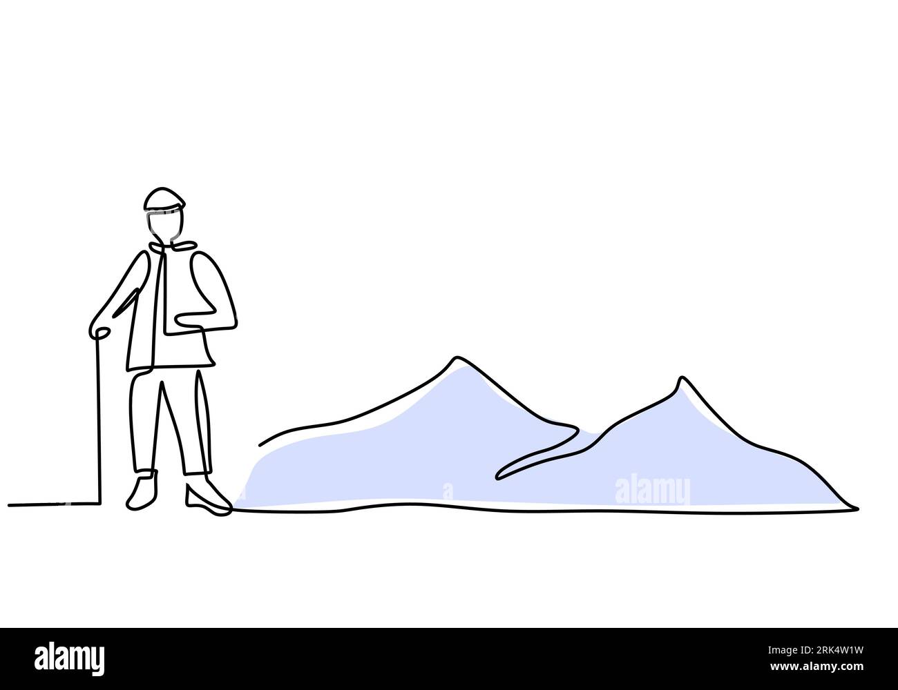 Hand drawing one single continuous line of man hiking isolated on white ...