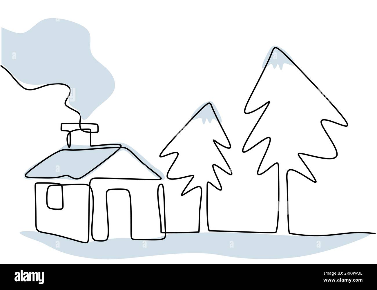 Hand drawing one line of house in snow isolated on white background ...