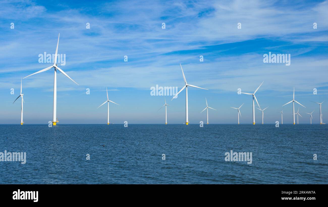 windmill park in the ocean aerial view with wind turbines in Flevoland ...