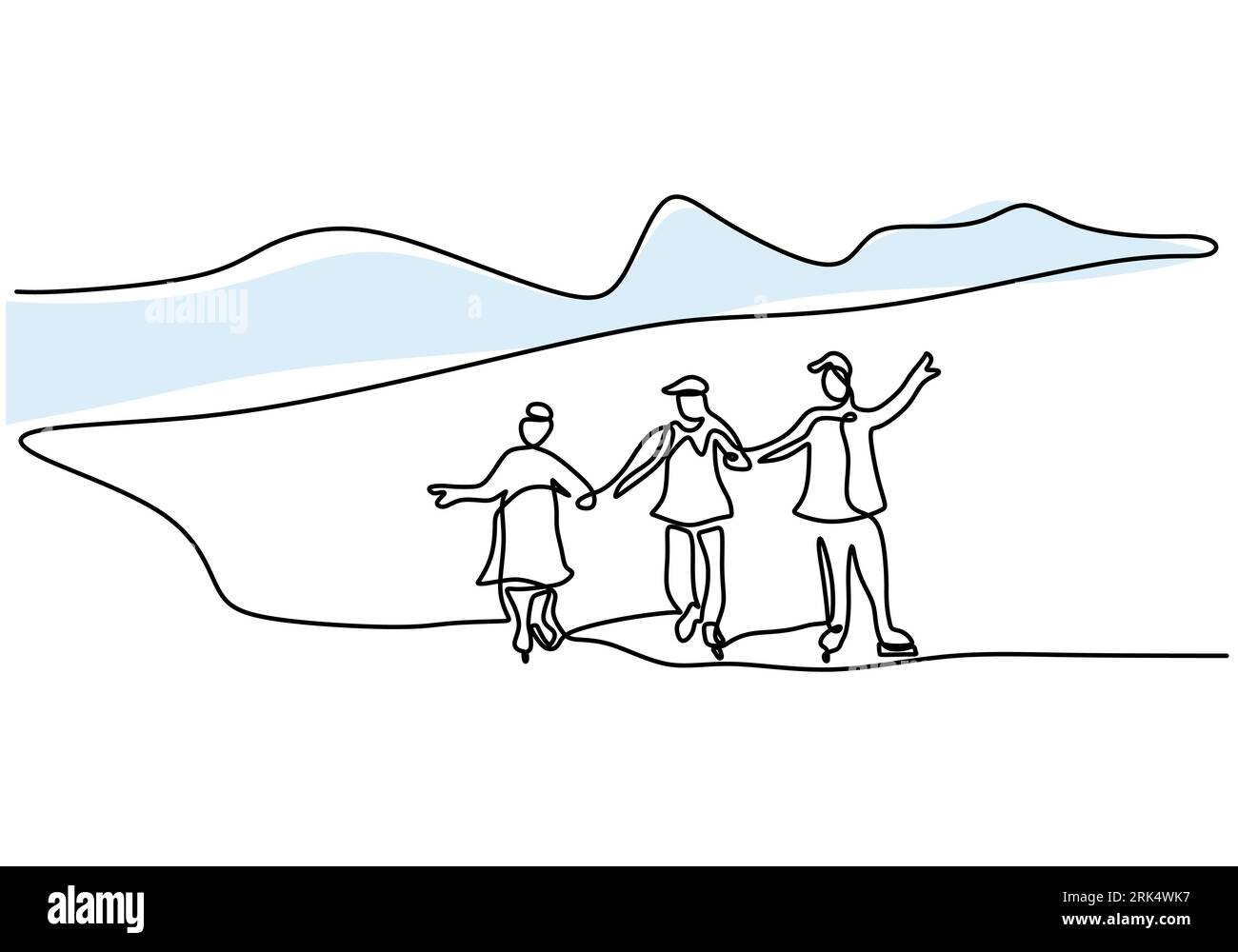 Hand drawing one line of family play skating isolated on white ...