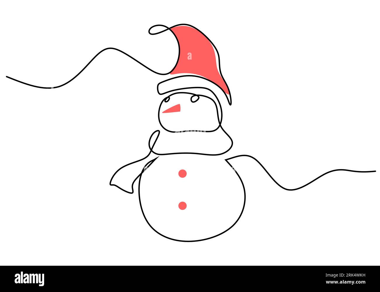 Hand drawing one single continuous line of snowman use santa hat ...