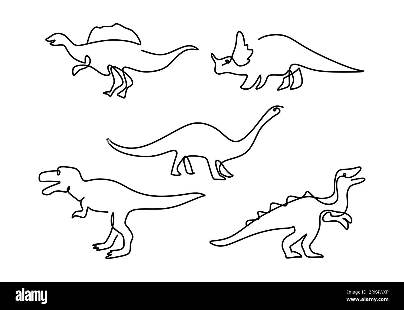Hand drawing one single continuous line of five dinosaurs isolated on ...