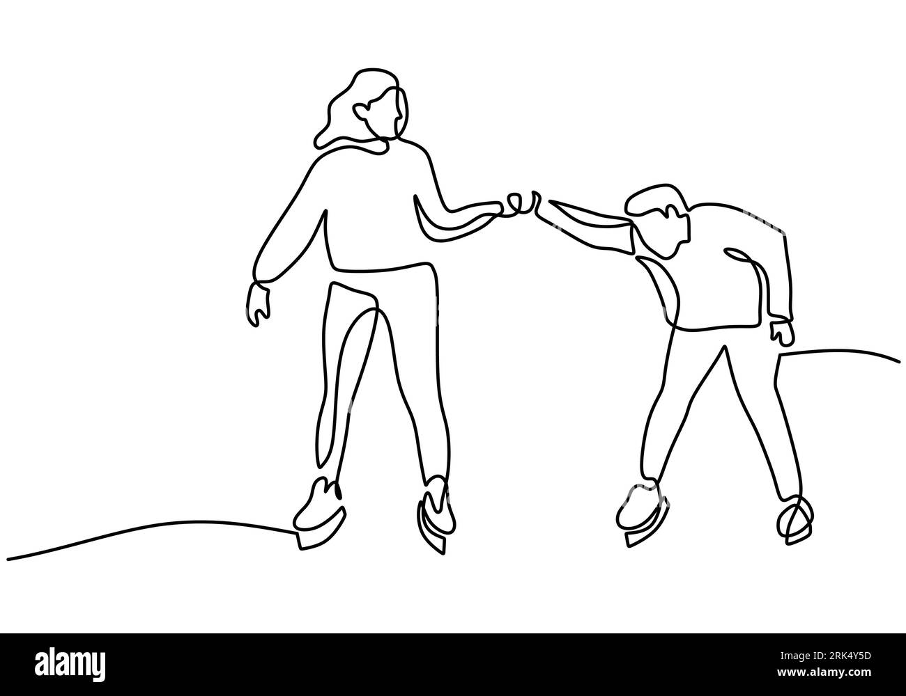 Hand drawing one line of couple ice skating isolated on white ...
