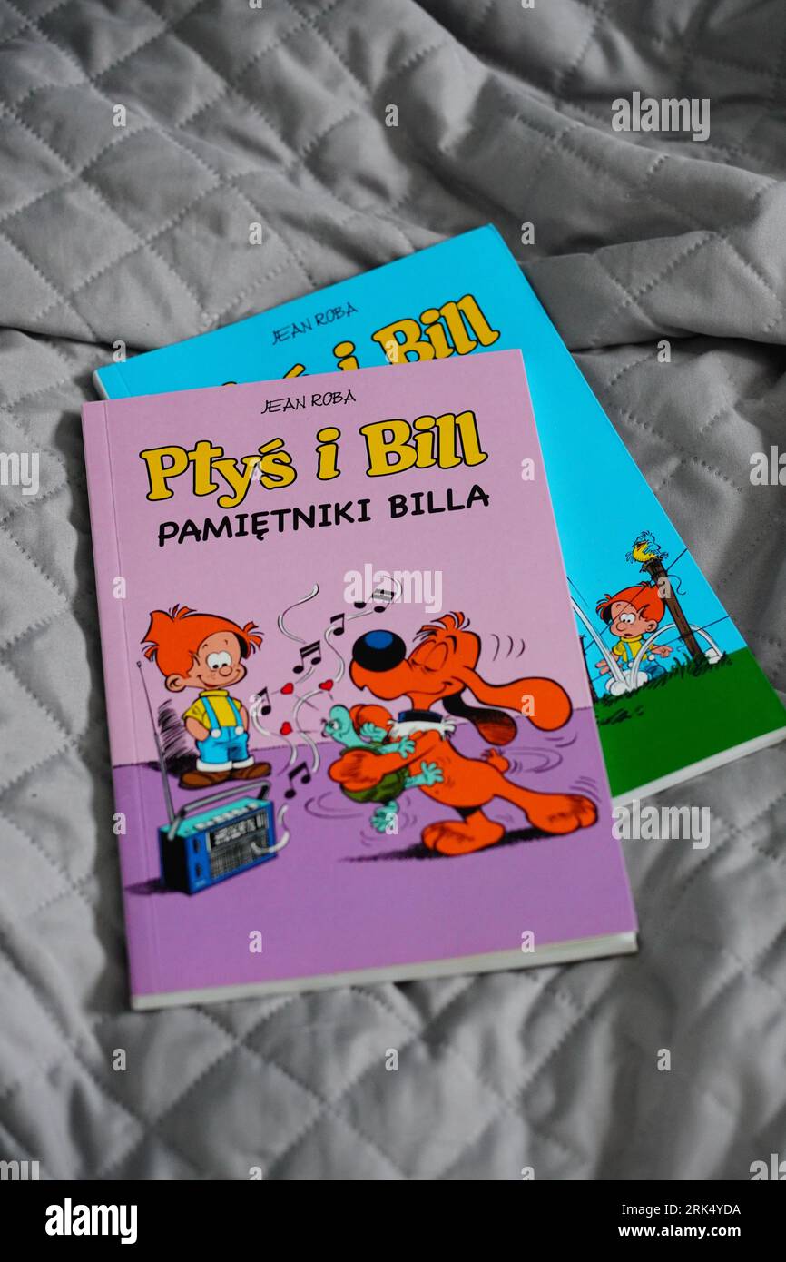 A close-up shot of colorful Polish children's comic books. Ptys i Bill ...