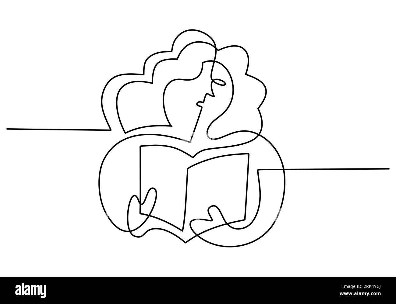 Hand drawing one line of woman read book isolated on white background ...
