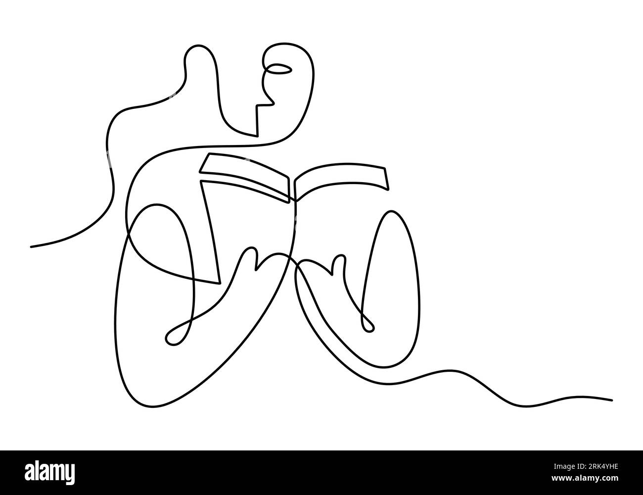 Hand drawing one line of woman read book isolated on white background ...