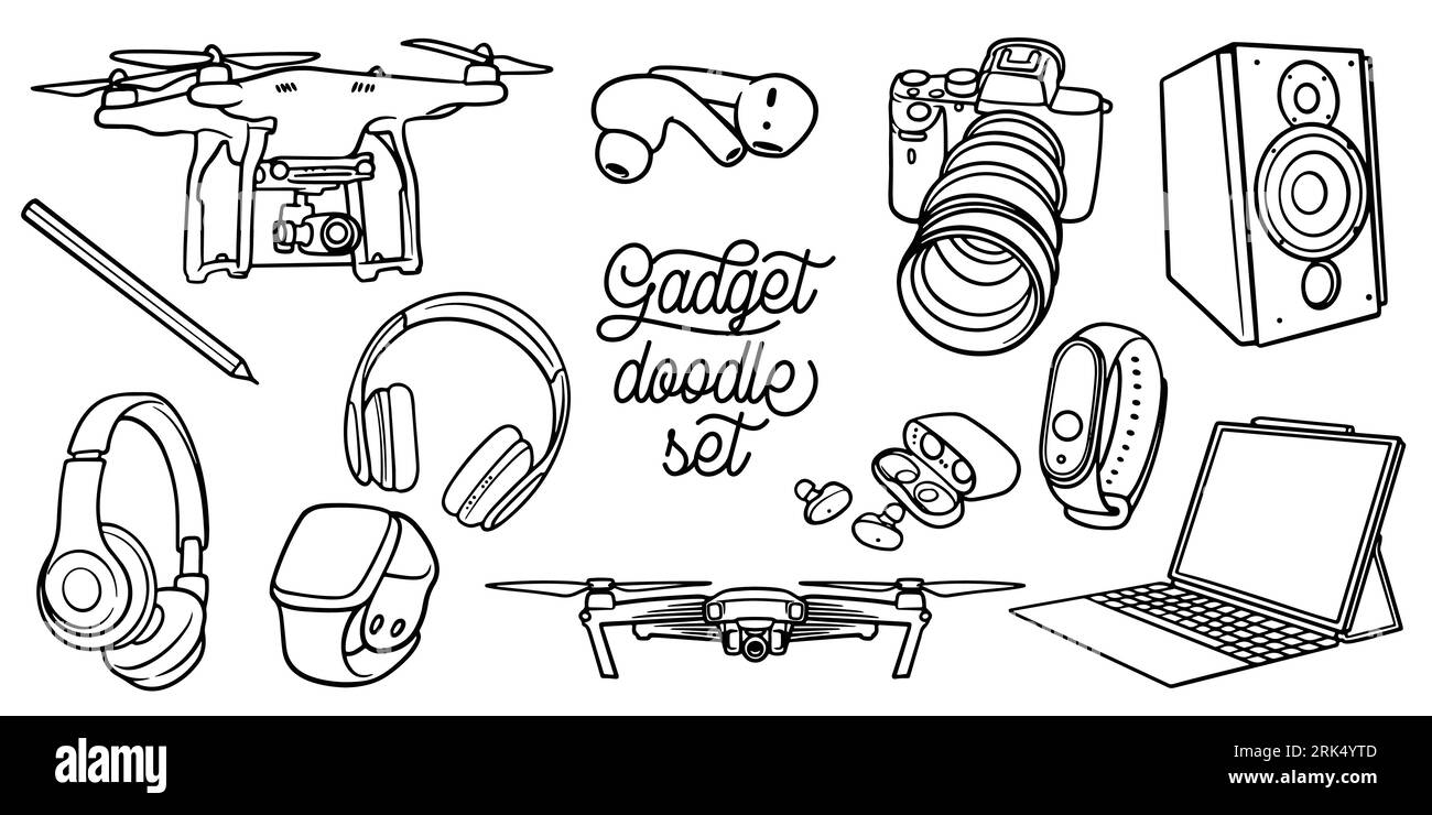 Hand drawing of digital gadgets doodle set isolated on white background ...