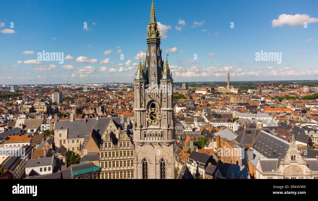 Aerial view of the historic Belfry of Ghent, located in the city center ...