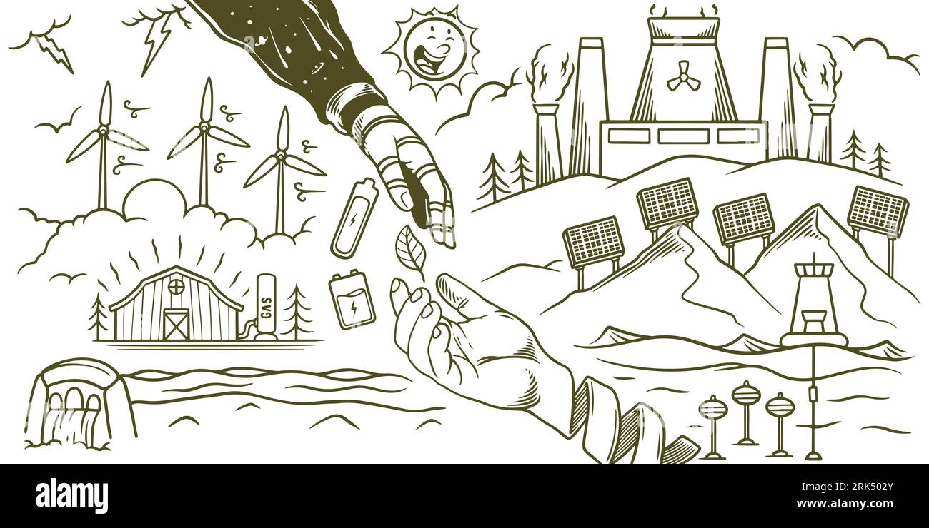 Hand drawn of save earth renewable energy ecology doodle set elements ...