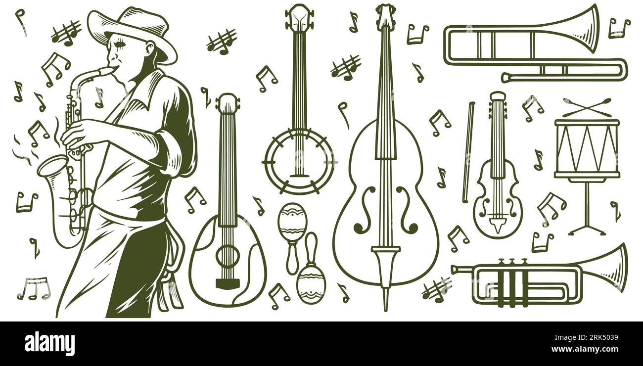 Hand drawn music jazz doodle icon set isolated on white background ...