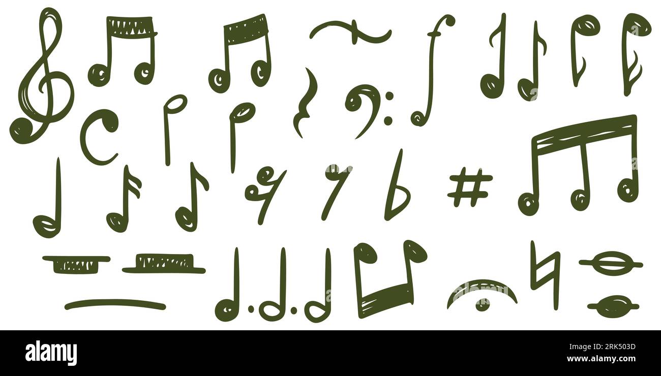 Hand drawn music notes doodle icon set isolated on white background ...