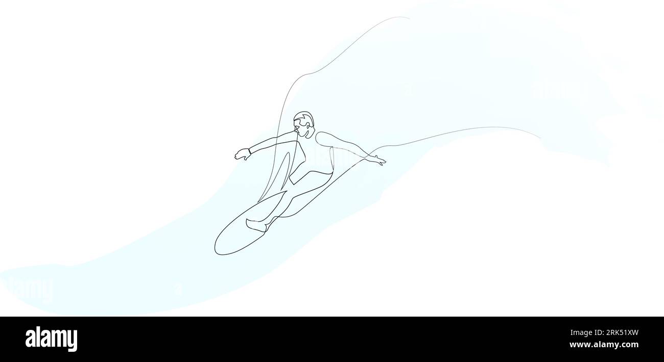 Continuous one line drawing of man surfing a big wave. Single line ...