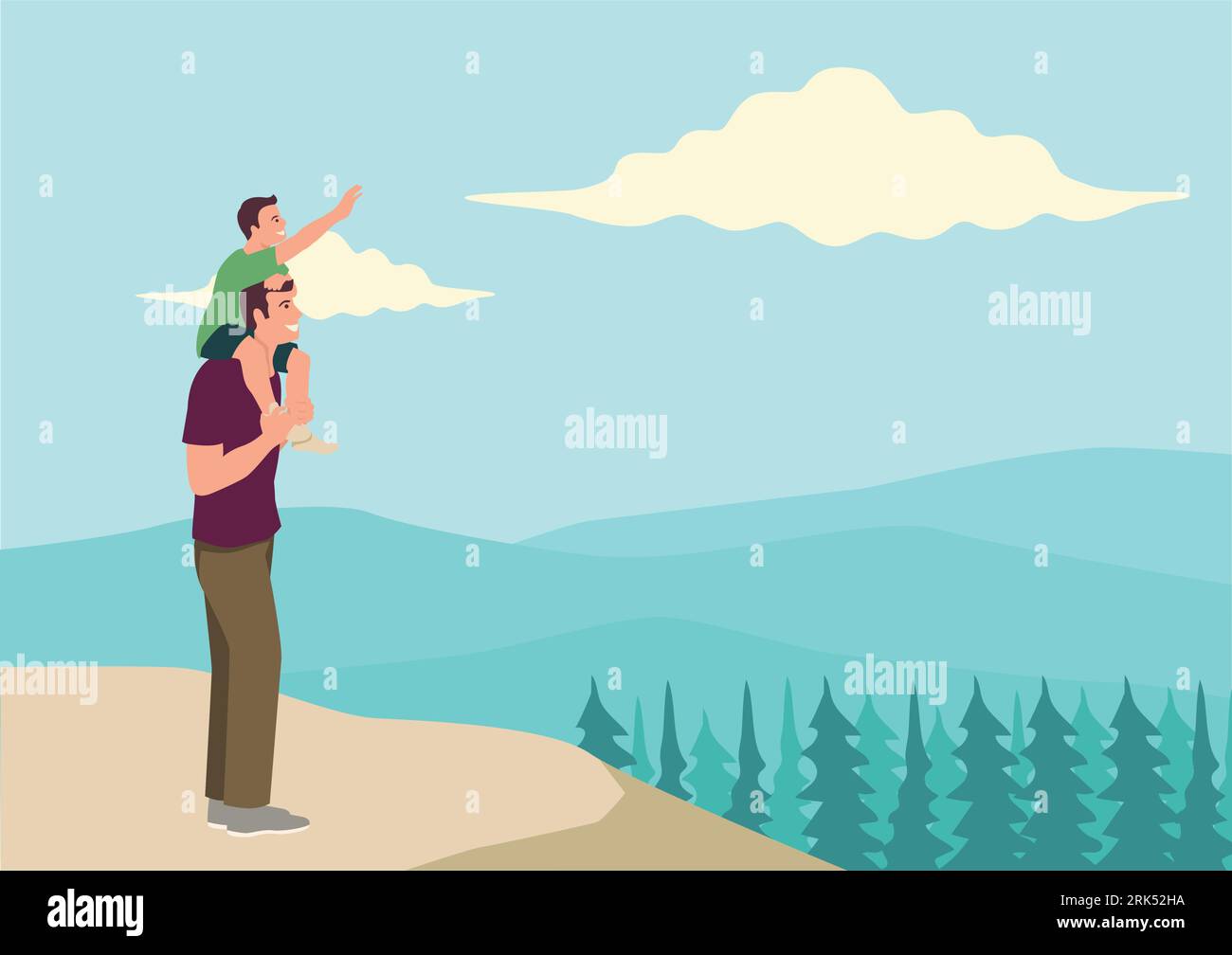 Simple flat vector illustration of happy father and son on top of the ...