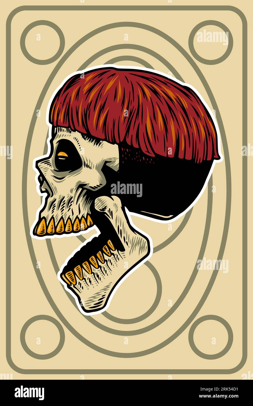 hand drawn skull head with cool hair and open mouth card illustration ...