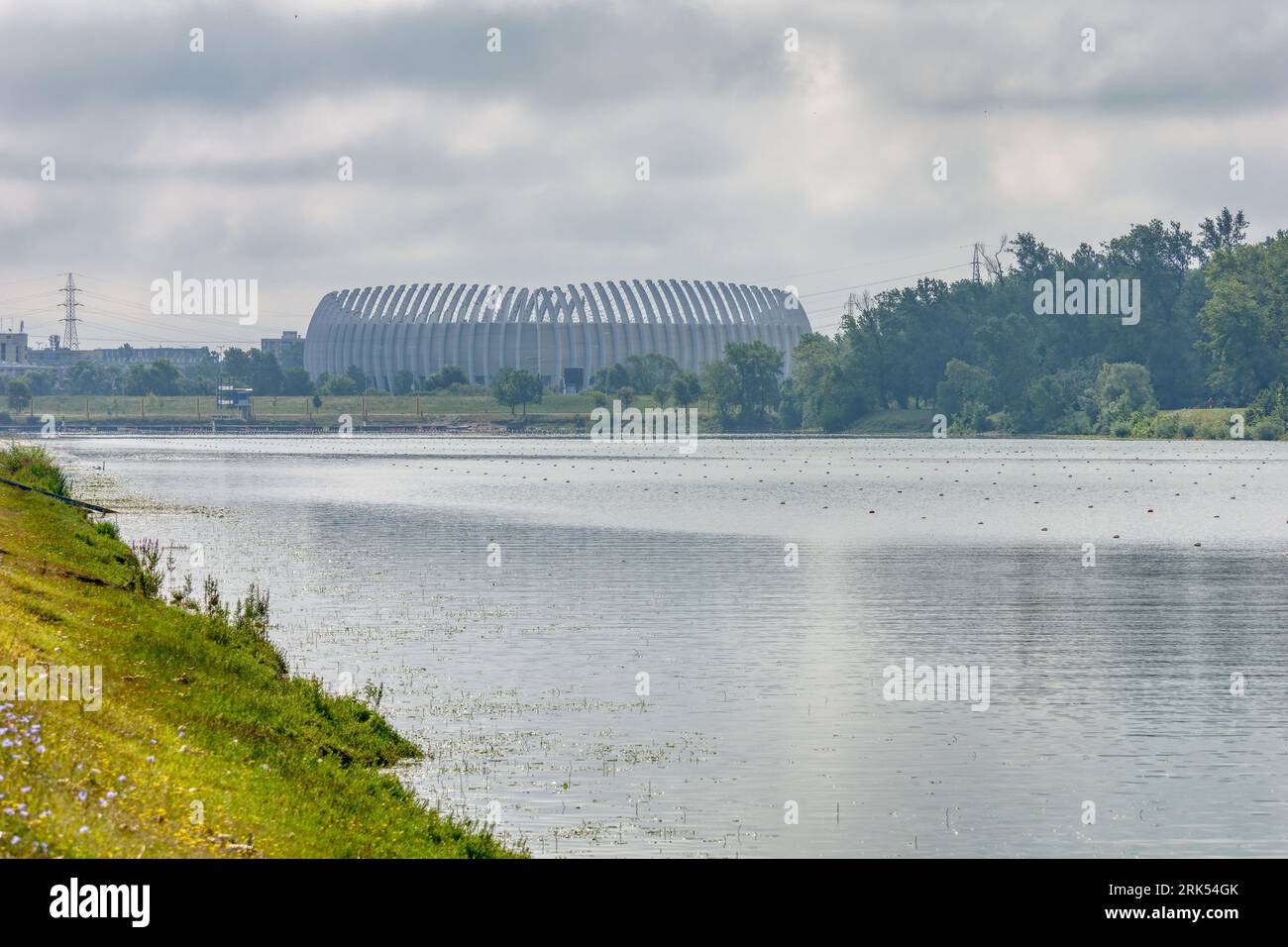 An aerial view of Lake Jarun and Arena Centar in the city of Zagreb ...