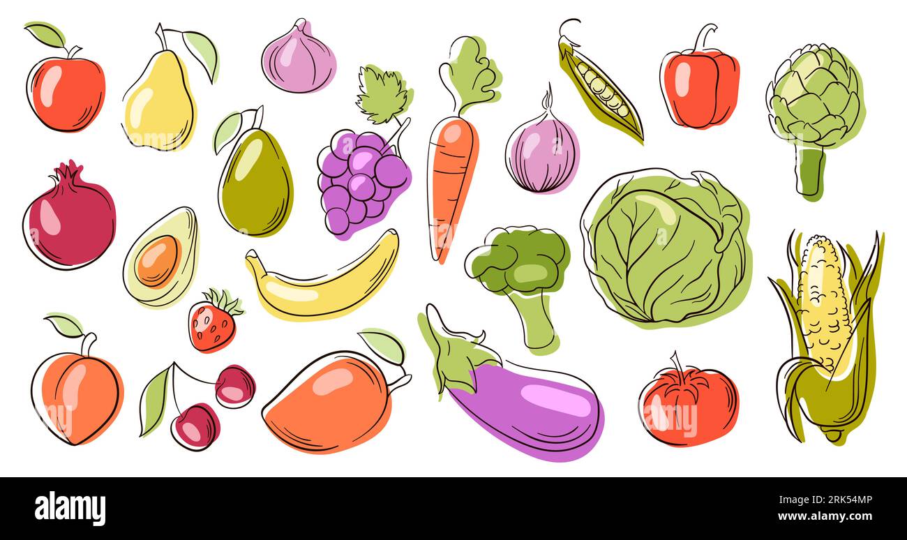 Fruits and vegetables collection in a line art, flat style. Mango, corn ...