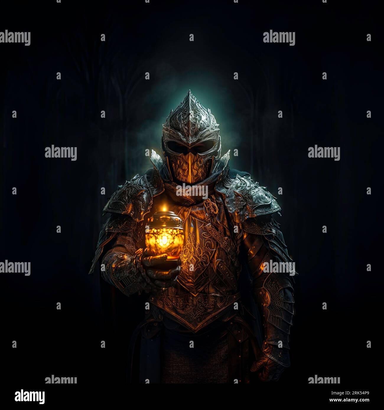 Fantasy medieval knight wearing full body armor holding an illuminated ...