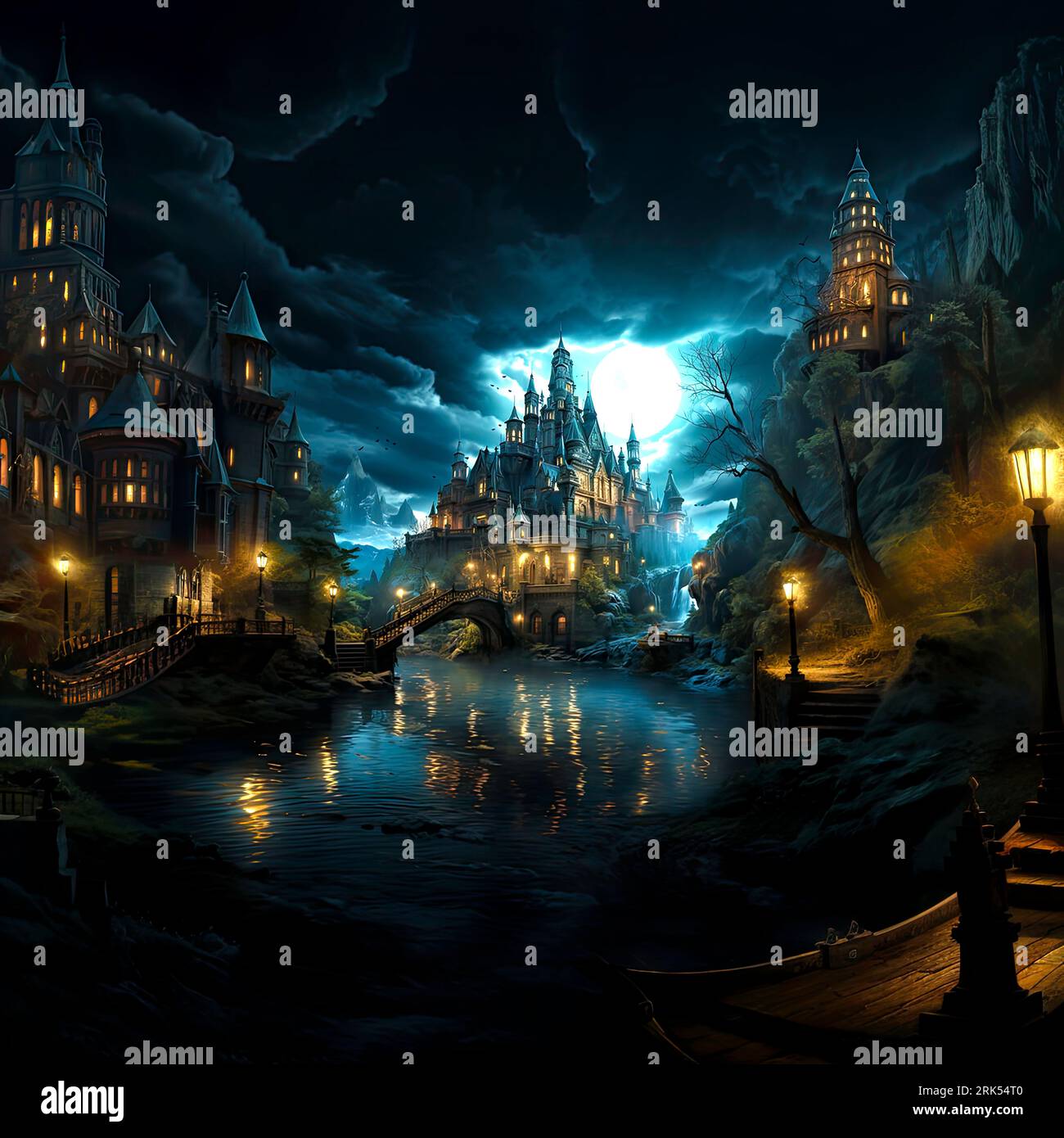 Epic fantasy Medieval castle during night with a full moon and wispy ...