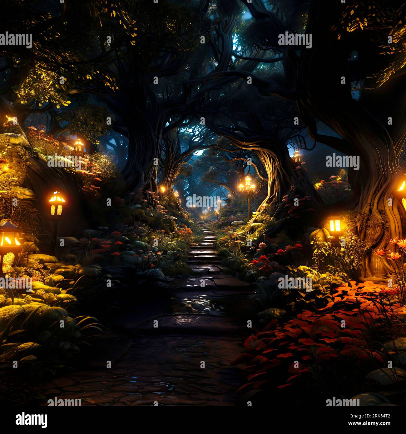 Fantasy enchanted pathway through a magical forest illuminated by warm ...