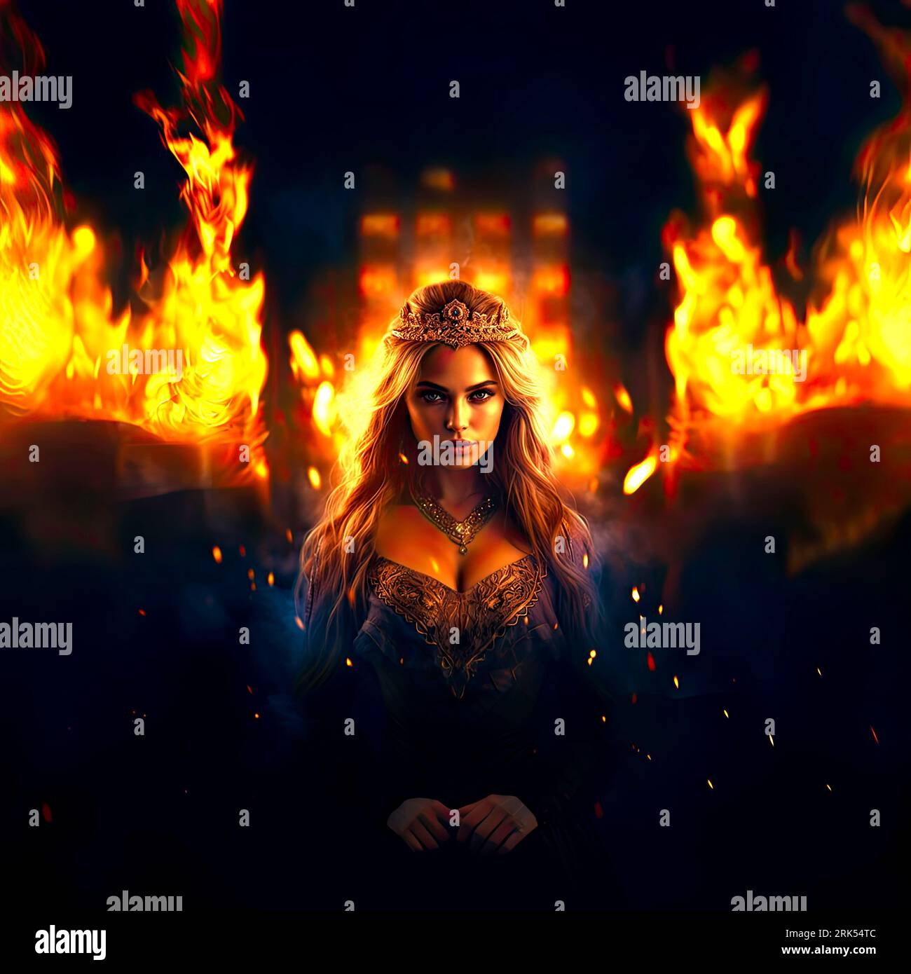 Fantasy beautiful and alluring fire queen with blond hair wearing an ...