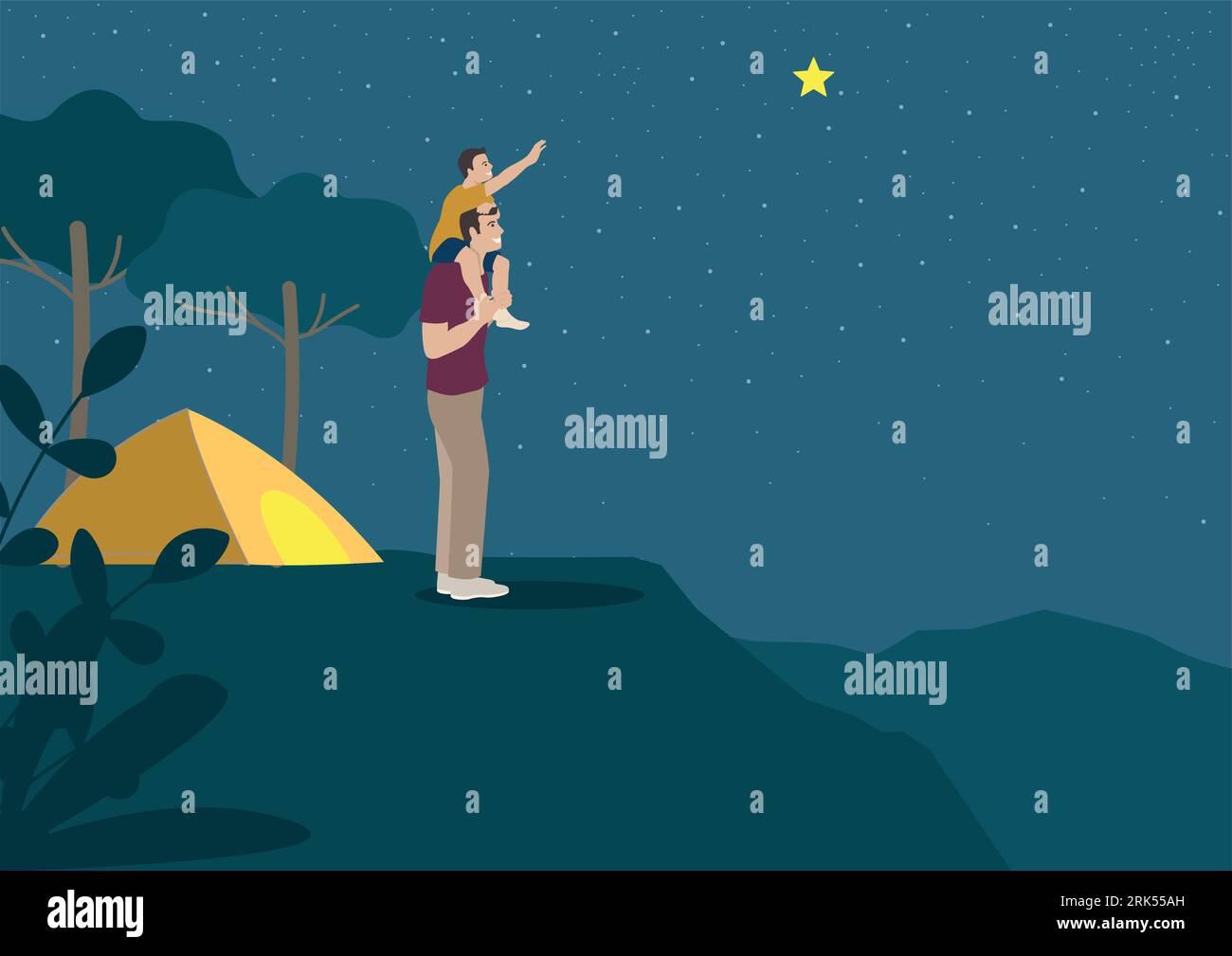 Simple flat vector illustration of father carrying his son on shoulder ...