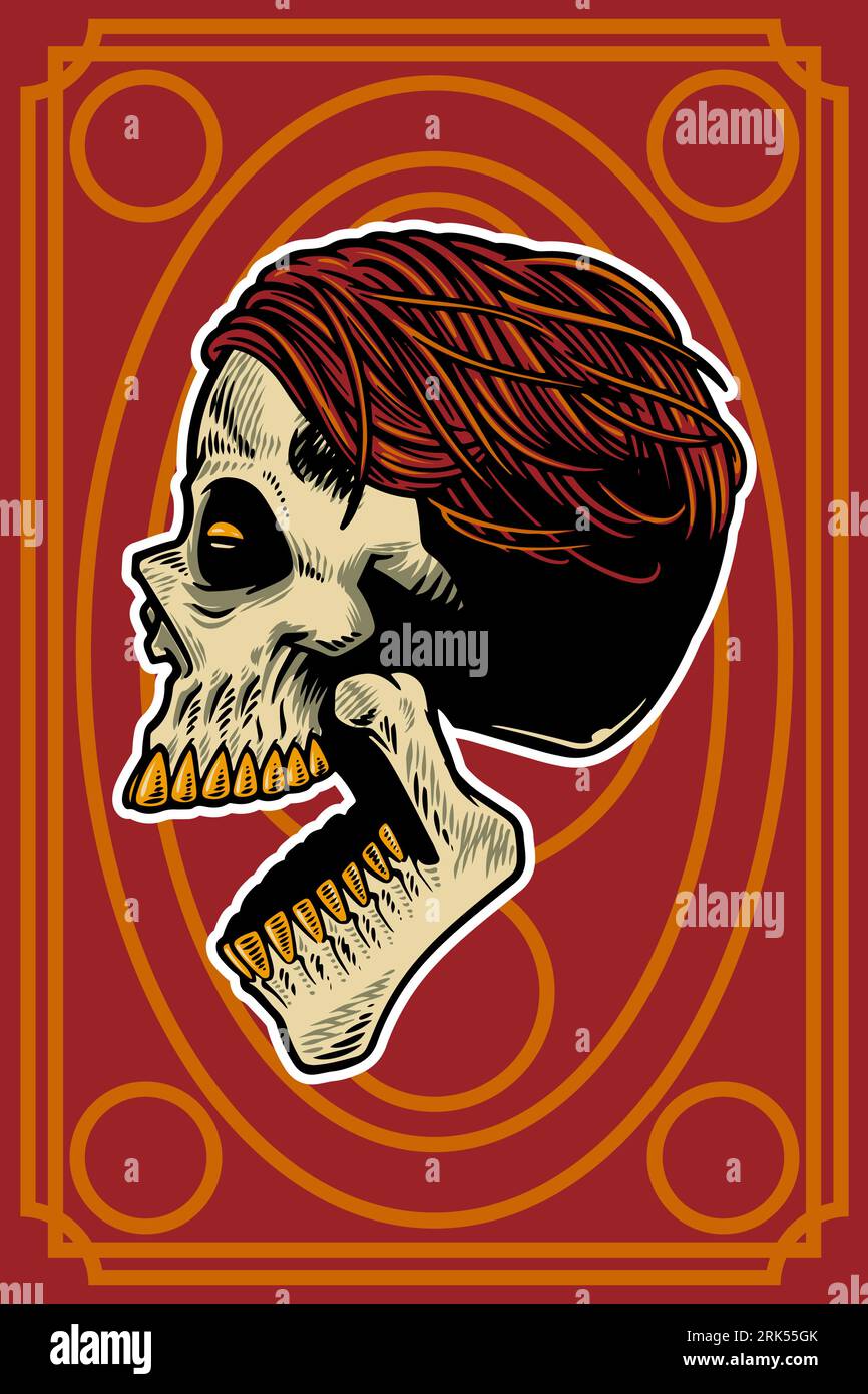 hand drawn skull head with cool hair and open mouth card illustration ...
