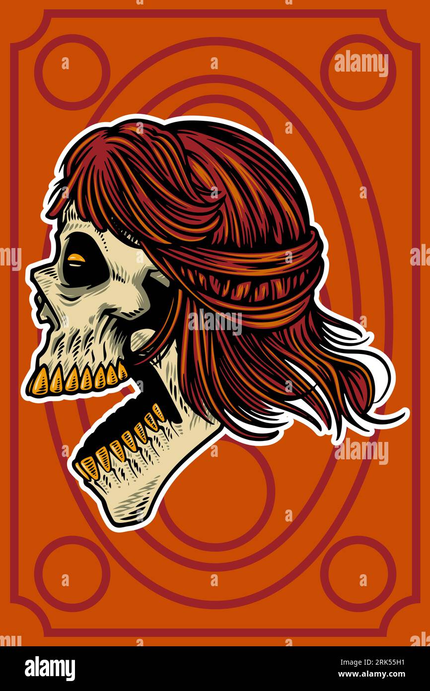 hand drawn skull head with cool hair and open mouth card illustration ...