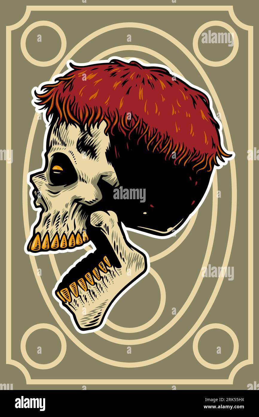 hand drawn skull head with cool hair and open mouth card illustration ...