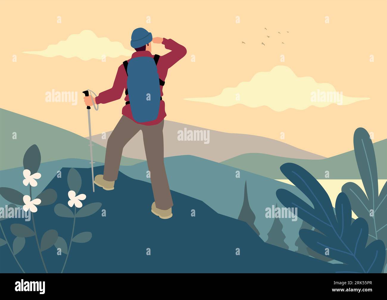 Simple flat vector illustration of man on top of the mountain Stock ...