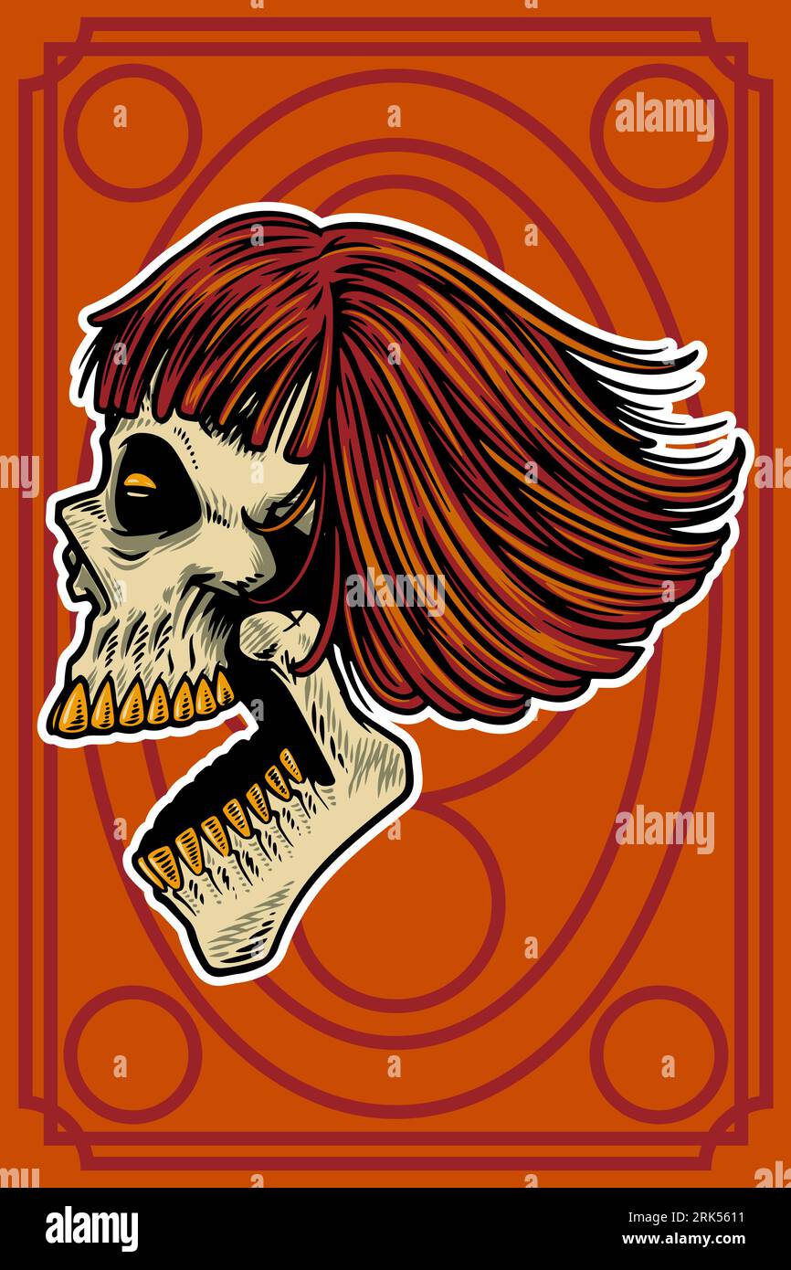 hand drawn skull head with cool hair and open mouth card illustration ...