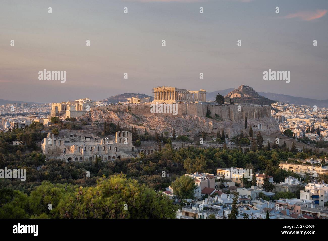 An aerial view of the ancient city of Athens in Greece at golden hour ...