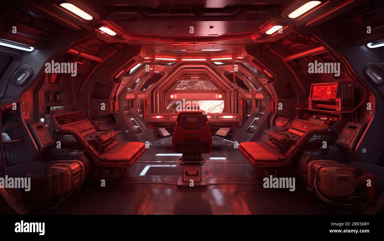 A modern, high-tech spaceship illuminated by bright red LED lights ...