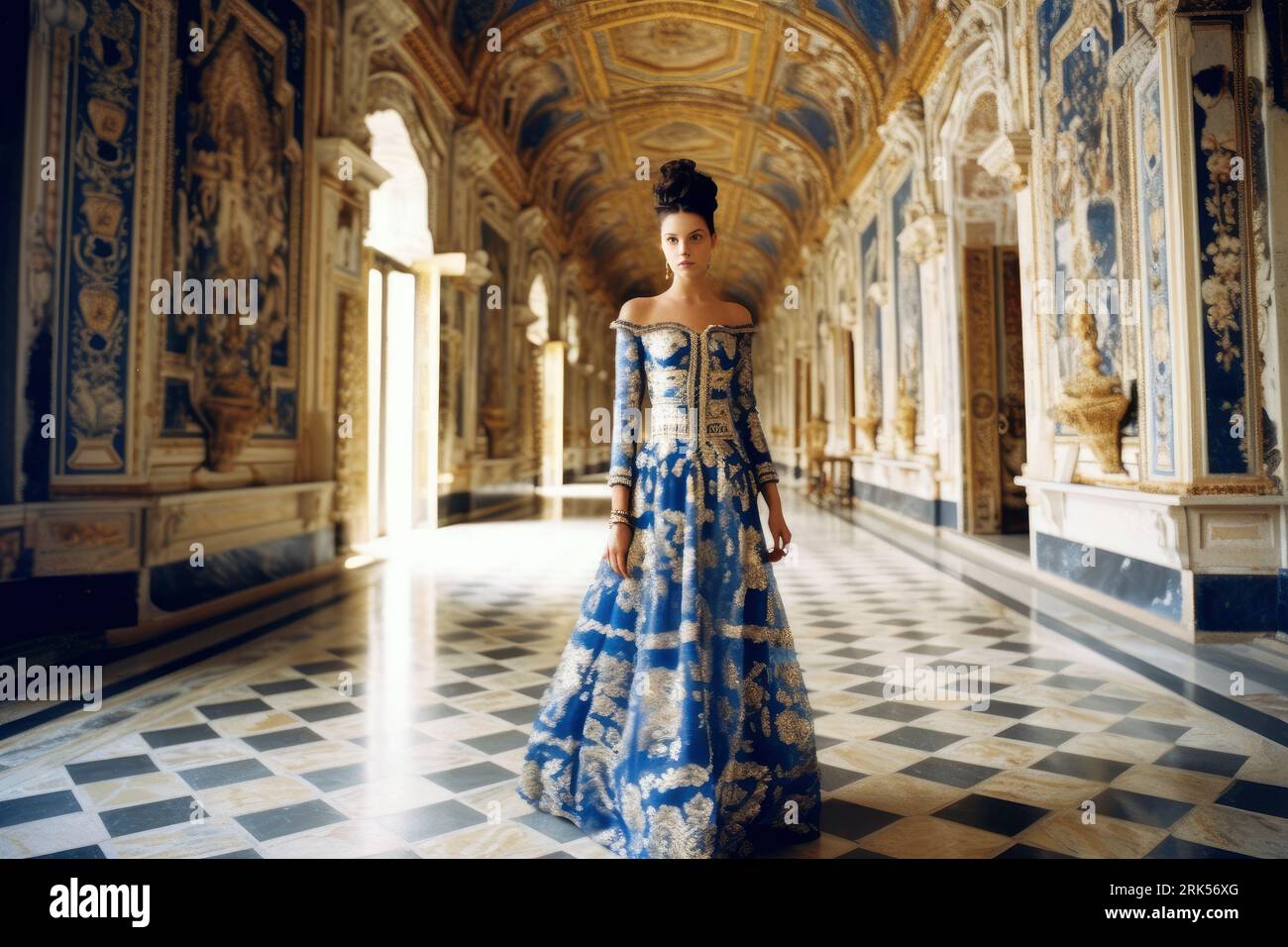 A beautiful young woman wearing a sky blue dress and posing for the ...