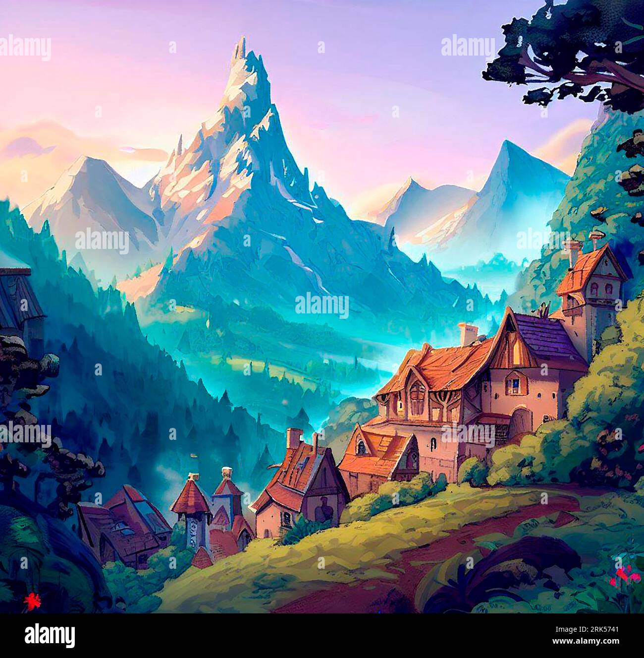 A scenic mountain village nestled in a valley surrounded by lush trees ...